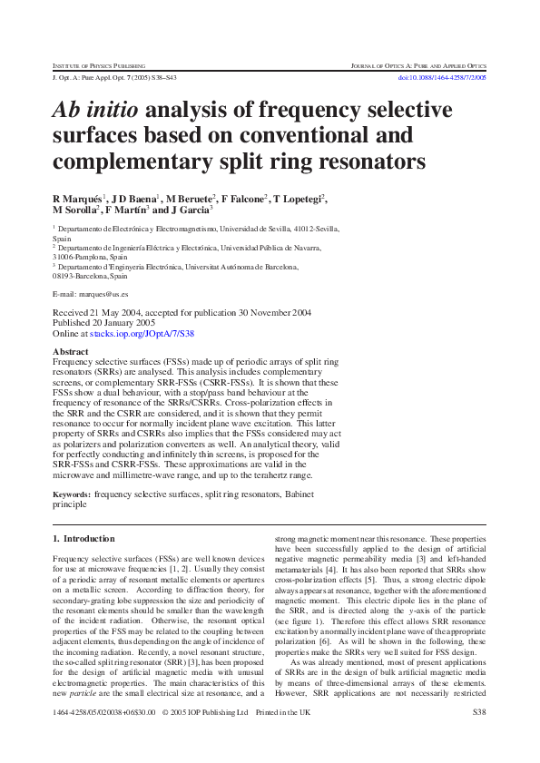 (PDF) Ab initio analysis of frequency selective surfaces based on conventional and complementary ...