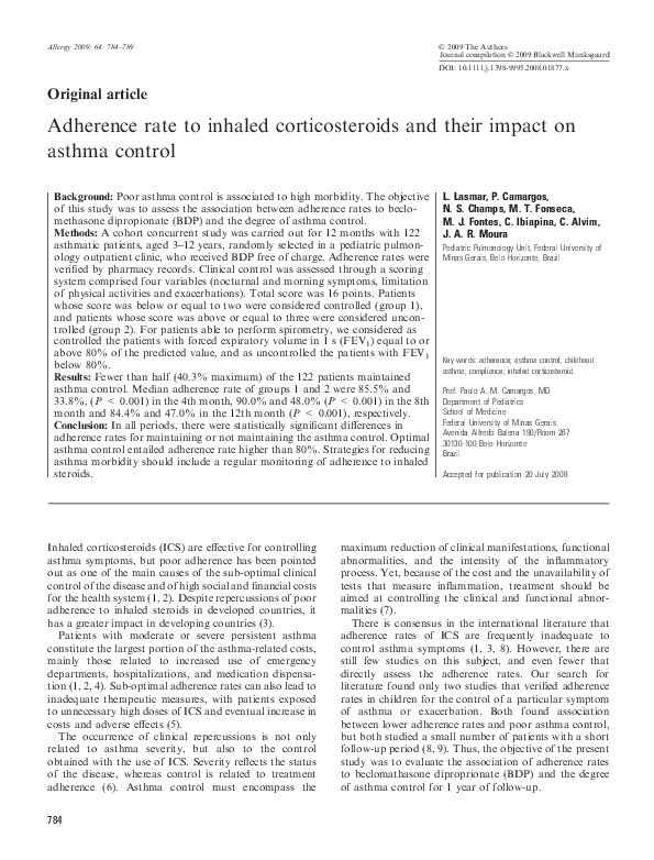 Pdf Adherence Rate To Inhaled Corticosteroids And Their Impact On Asthma Control