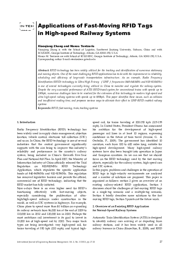 (PDF) Applications of Fast-Moving RFID Tags in High-speed Railway Systems