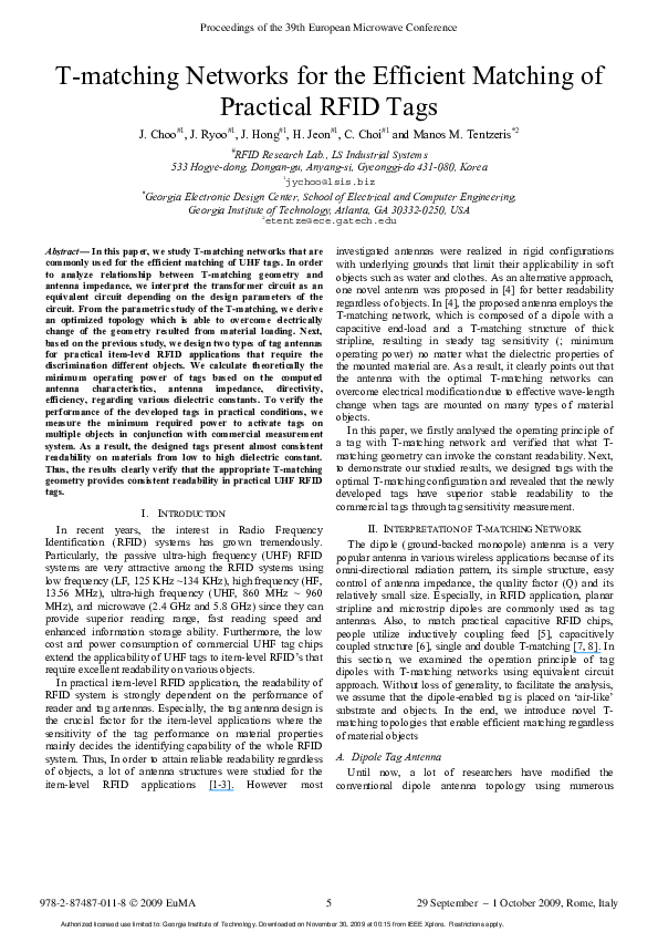(PDF) T-matching networks for the efficient matching of practical RFID tags