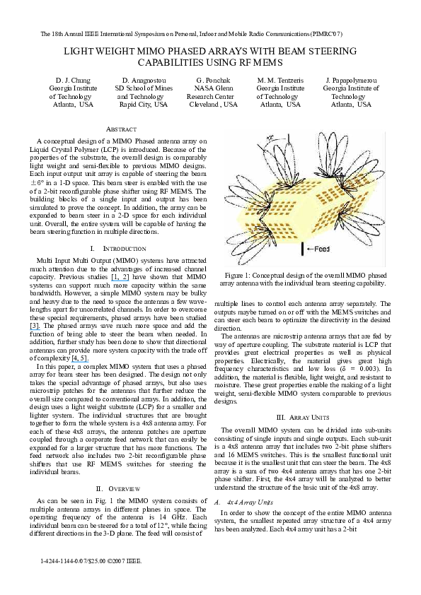 (PDF) Light weight mimo phased arrays with beam steering capabilities using RF mems