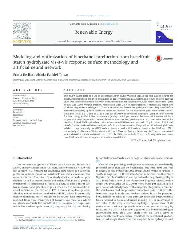 (PDF) Modeling and optimization of bioethanol production from breadfruit starch hydrolyzate vis ...