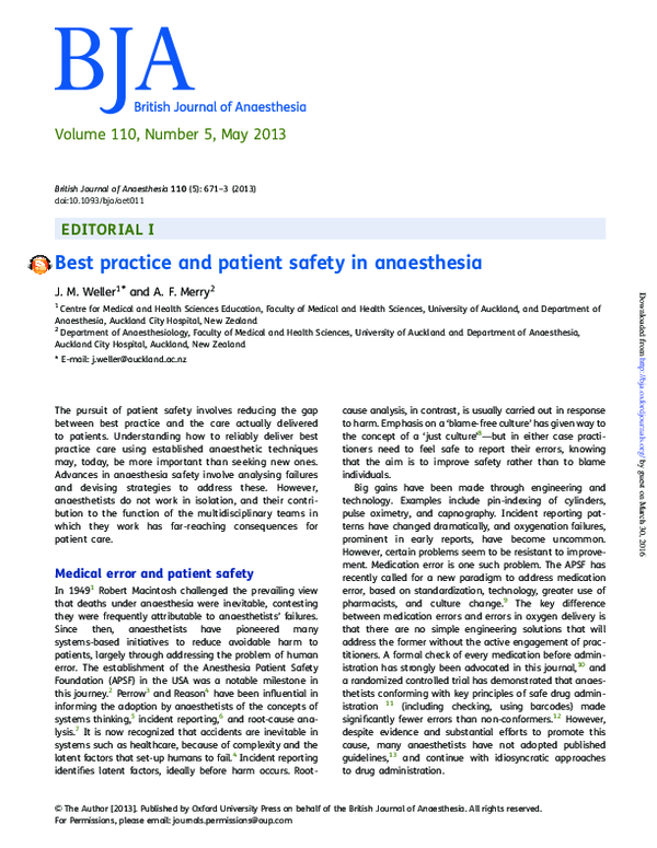 (PDF) I. Best practice and patient safety in anaesthesia