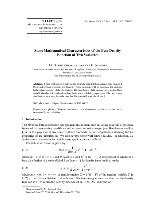 (PDF) Some Mathematical Characteristics of the Beta Density Function of ...