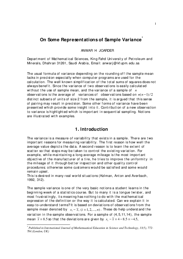 (PDF) On some representations of sample variance