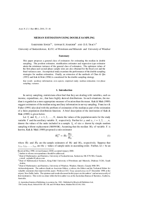 (PDF) Median Estimation Using Double Sampling