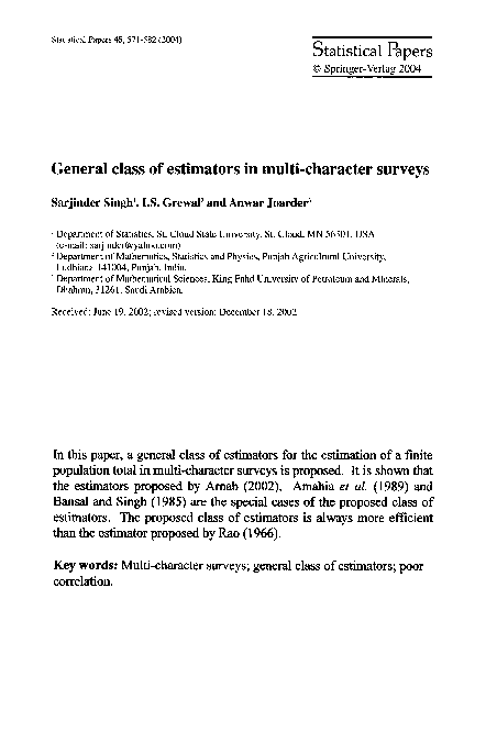 Pdf General Class Of Estimators In Multi Character Surveys