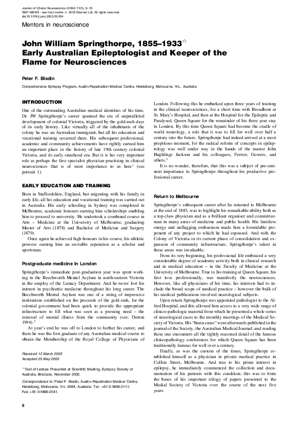 (PDF) John William Springthorpe, 1855-1933. Early Australian ...
