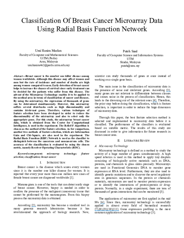 Classification of breast cancer microarray data using Radial Basis Function Network