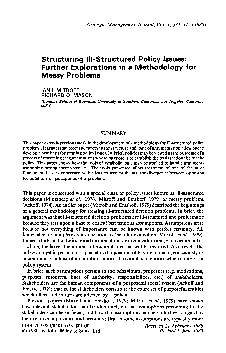 (PDF) Structuring III-structured policy issues: Further explorations in a methodology for messy ...