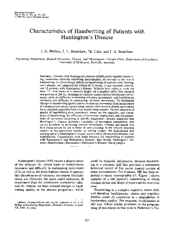 (PDF) Characteristics of handwriting of patients with huntington's disease