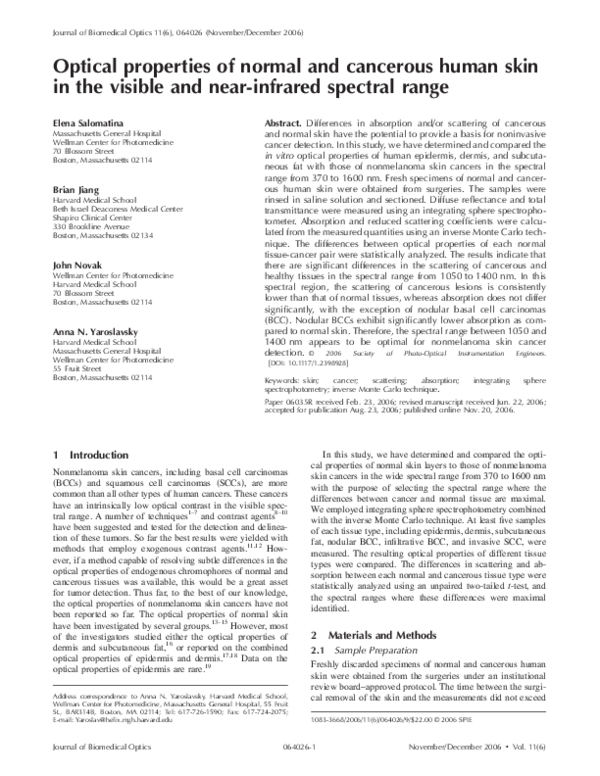 (PDF) Optical properties of normal and cancerous human skin in the ...