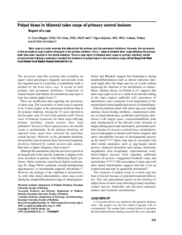 (PDF) Pulpal tissue in bilateral talon cusps of primary central incisors
