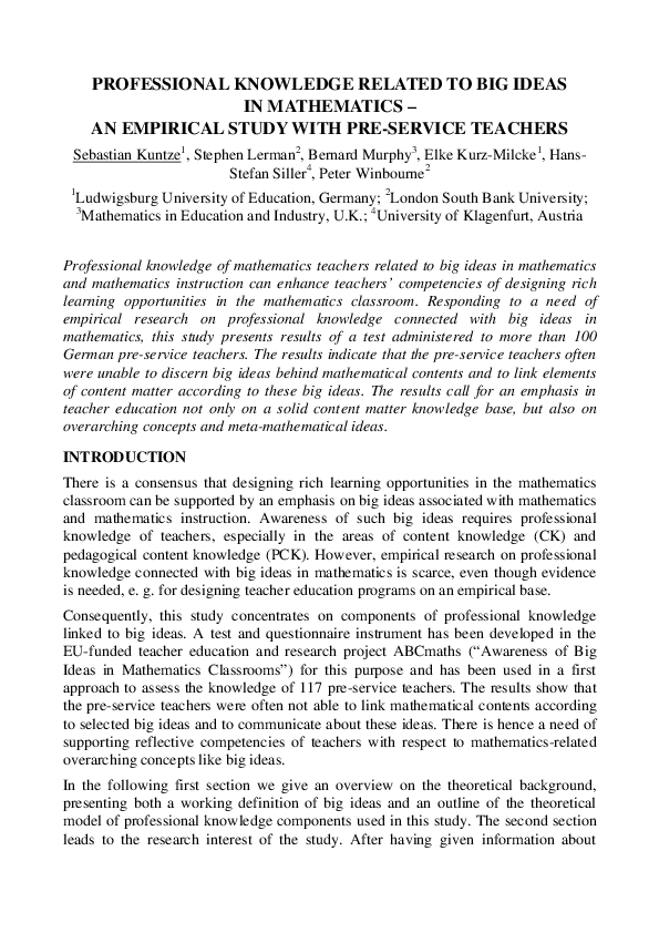 (PDF) Professional Knowledge Related to Big Ideas in Mathematics – an ...