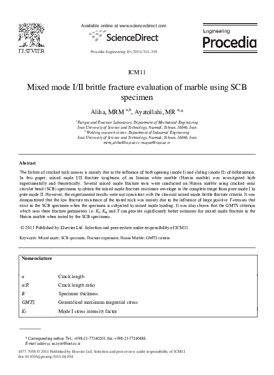 (PDF) Mixed mode I/II brittle fracture evaluation of marble using SCB specimen