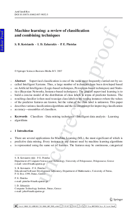 Pdf Machine Learning A Review Of Classification And Combining Techniques
