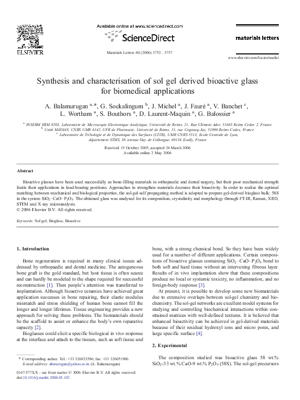 Pdf Synthesis And Characterisation Of Sol Gel Derived Bioactive Glass