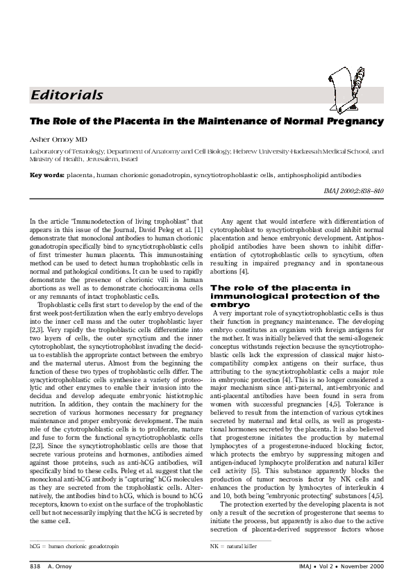 (PDF) The role of the placenta in the maintenance of normal pregnancy