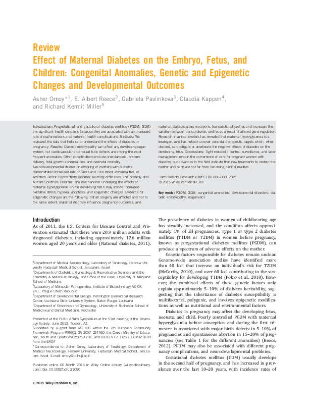 (PDF) Effect of maternal diabetes on the embryo, fetus, and children ...