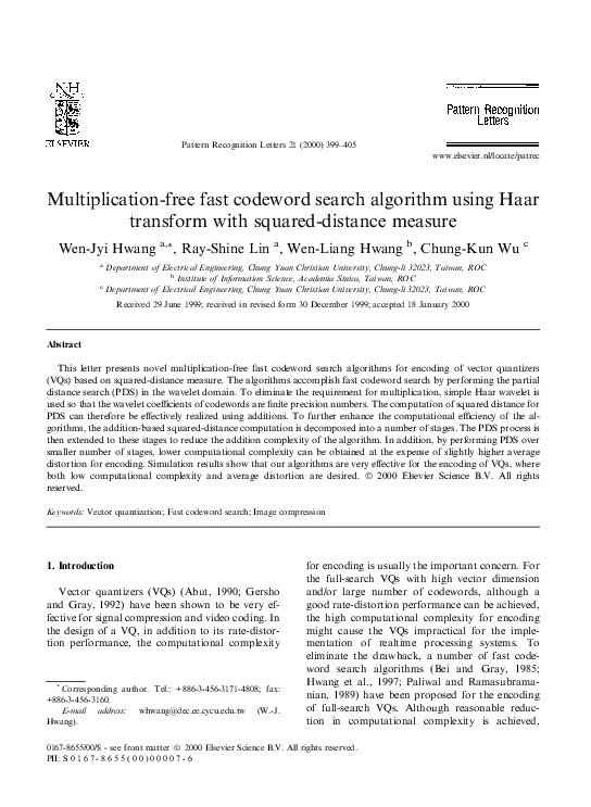 Pdf Multiplication Free Fast Codeword Search Algorithm Using Haar Transform With Squared