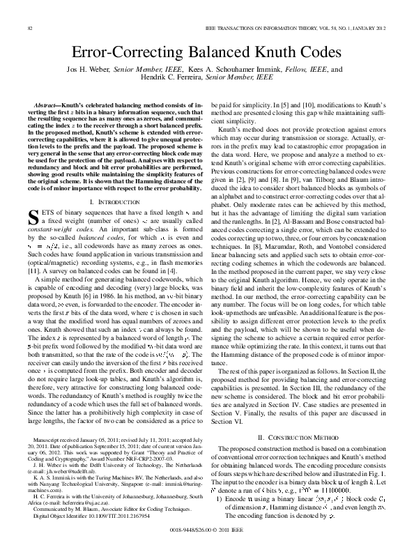 Pdf Error Correcting Balanced Knuth Codes