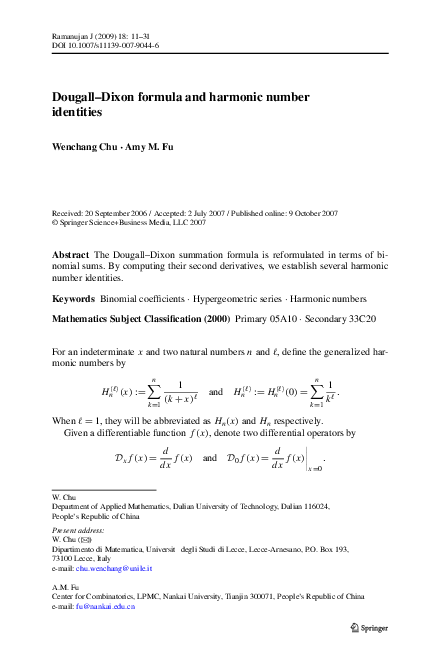 (PDF) Dougall–Dixon formula and harmonic number identities