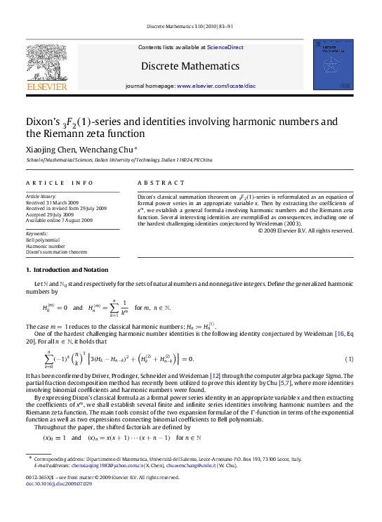 (PDF) Dixon’s -series and identities involving harmonic numbers and the Riemann zeta function