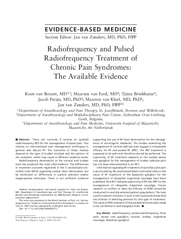 (PDF) Radiofrequency and pulsed radiofrequency treatment of chronic pain syndromes: the ...