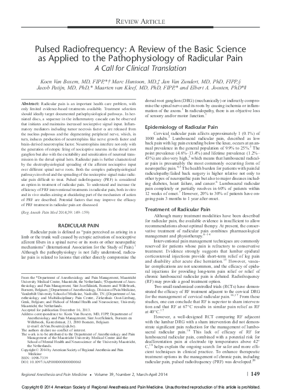 (PDF) Pulsed radiofrequency: a review of the basic science as applied to the pathophysiology of ...