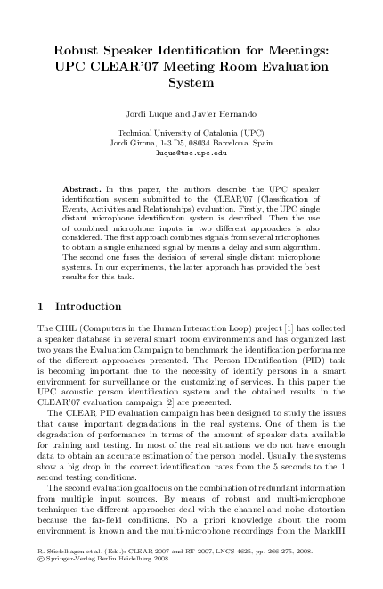(PDF) Robust Speaker Identification for Meetings: UPC CLEAR’07 Meeting Room Evaluation System