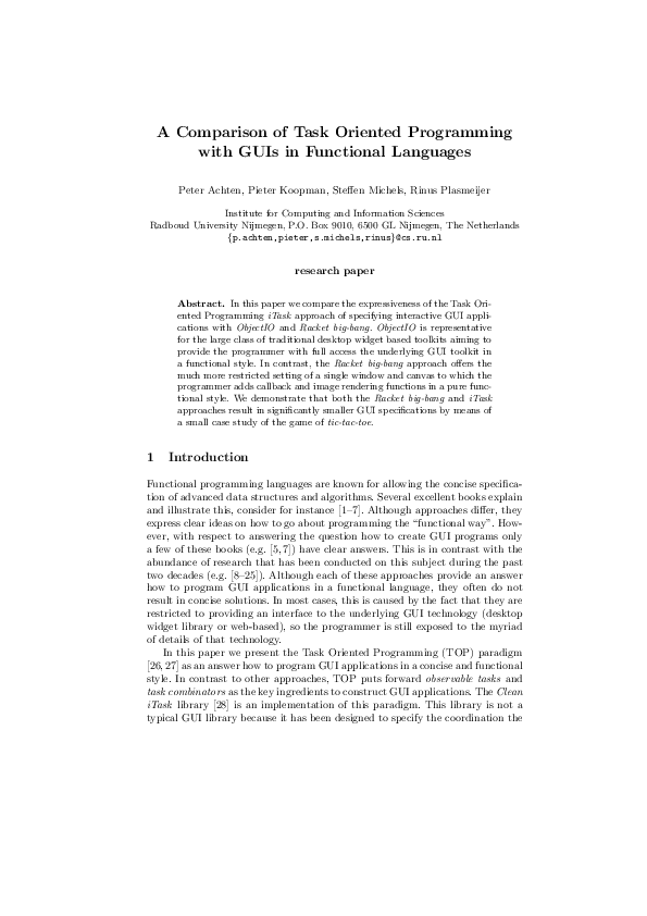 (PDF) A Comparison of Task Oriented Programming with GUIs in Functional Languages
