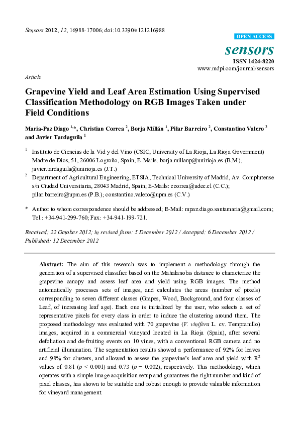 (PDF) Grapevine Yield and Leaf Area Estimation Using Supervised Classification Methodology on ...
