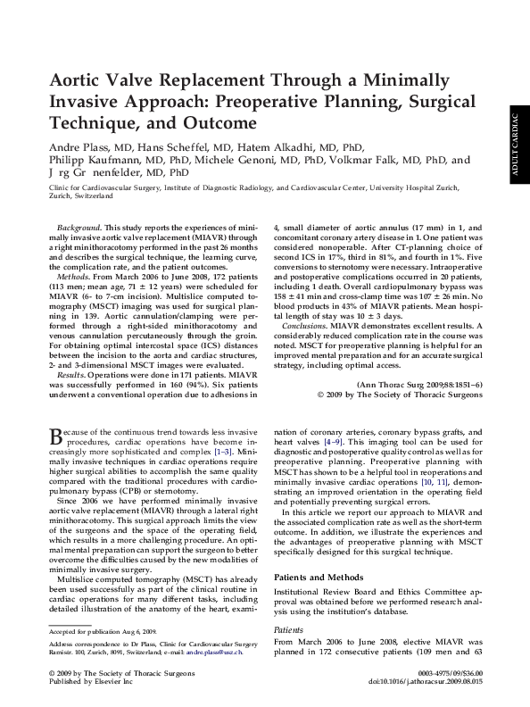 (PDF) Aortic Valve Replacement Through a Minimally Invasive Approach ...
