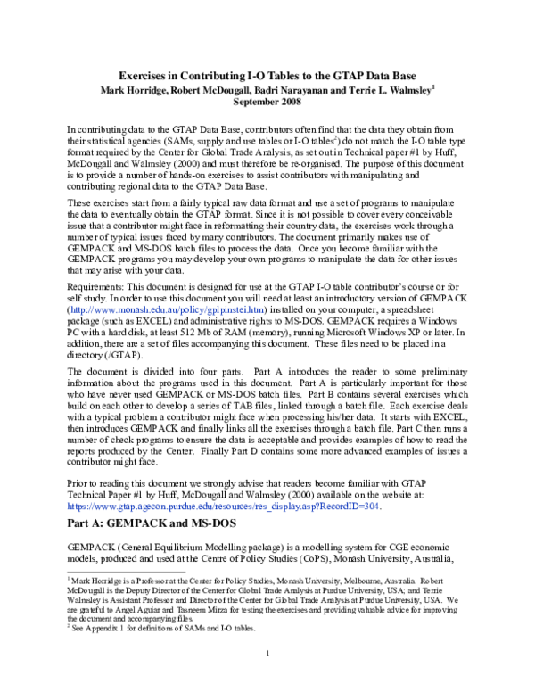 (PDF) Exercises in Contributing IO Tables to the GTAP Data Base