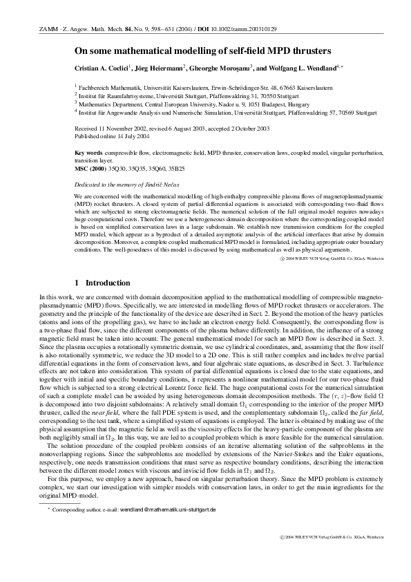 (PDF) On some mathematical modelling of self-field MPD thrusters ...