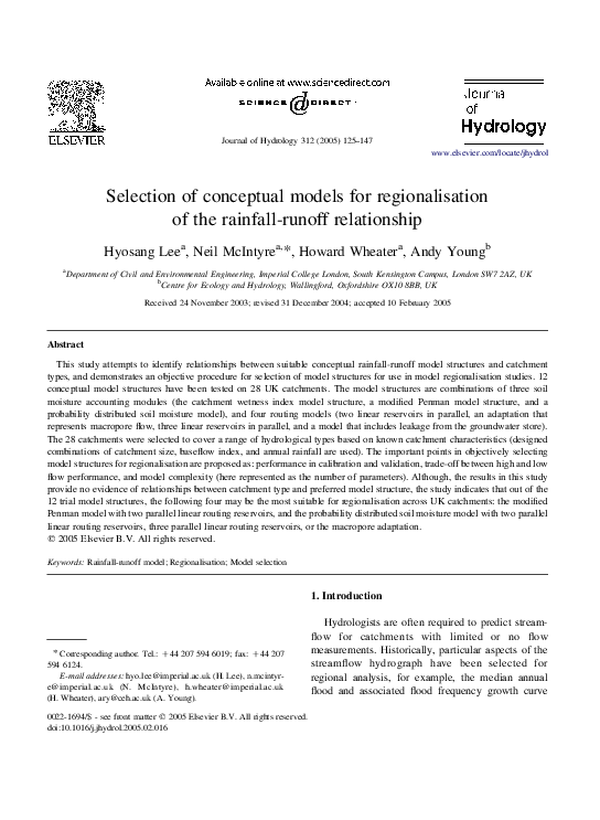 (PDF) Selection of conceptual models for regionalisation of the rainfall-runoff relationship