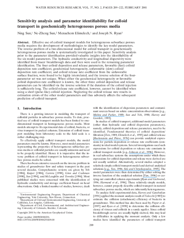 (PDF) Sensitivity analysis and parameter identifiability for colloid transport in geochemically ...