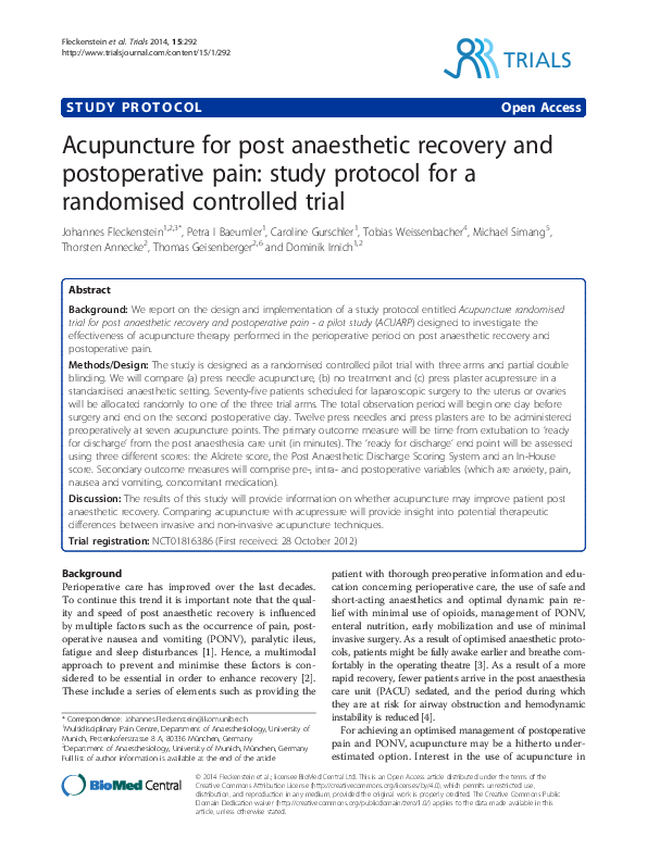 (PDF) Acupuncture for post anaesthetic recovery and postoperative pain ...