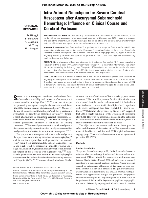 (PDF) ORIGINAL RESEARCH Intra-Arterial Nimodipine for Severe Cerebral Vasospasm after Aneurysmal ...