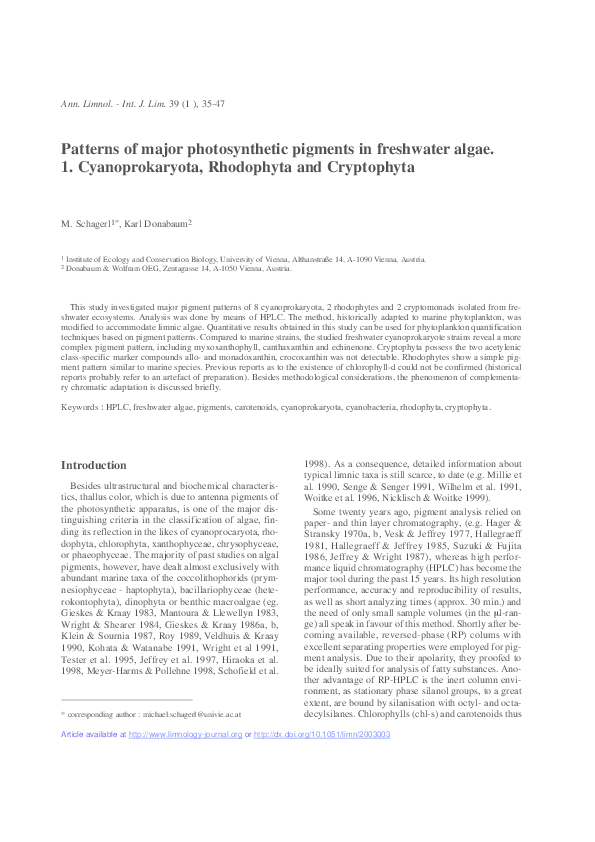 (PDF) Patterns of major photosynthetic pigments in freshwater algae. 1 ...