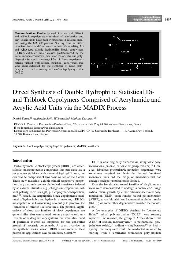 (PDF) Aqueous MADIX/RAFT polymerization of diallyldimethylammonium chloride: Extension to the ...