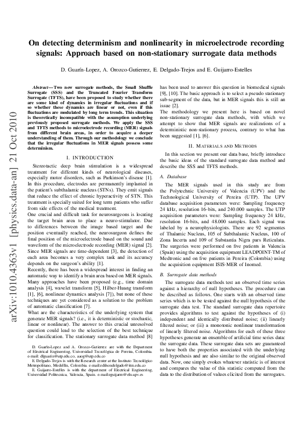 Pdf On Detecting Determinism And Nonlinearity In Microelectrode Recording Signals Approach