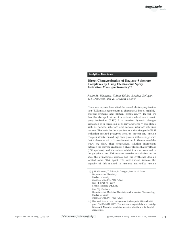 (PDF) Direct Characterization of Enzyme-Substrate Complexes by Using Electrosonic Spray ...