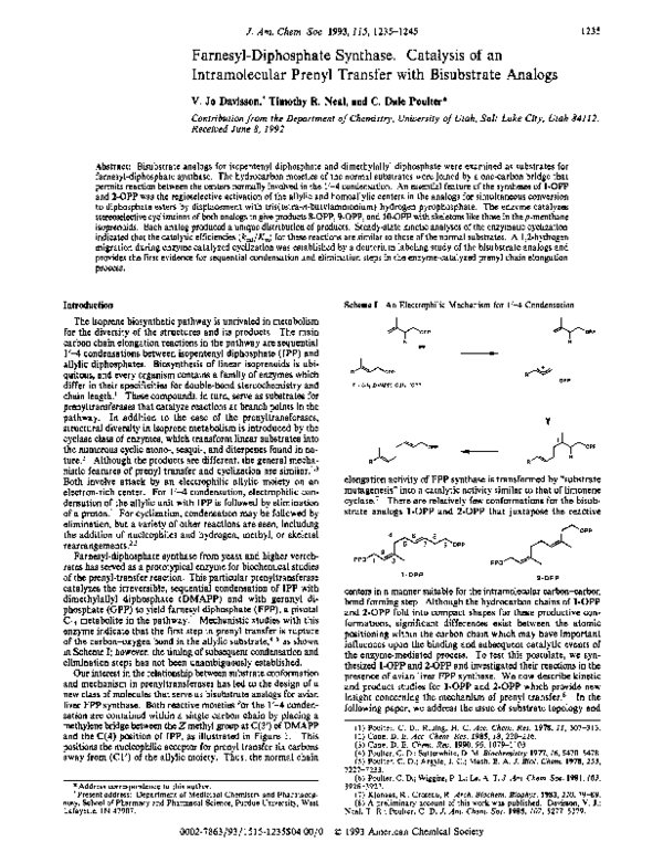 (PDF) Farnesyl-diphosphate synthase. Catalysis of an intramolecular ...