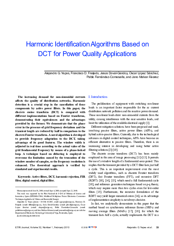 (PDF) Harmonic Identification Algorithms Based on DCT for Power Quality Applications