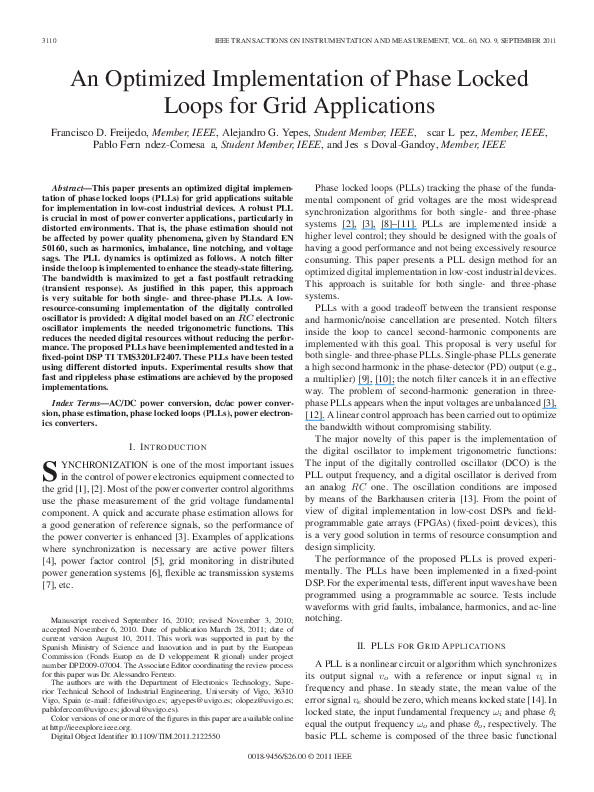 (PDF) An Optimized Implementation of Phase Locked Loops for Grid Applications