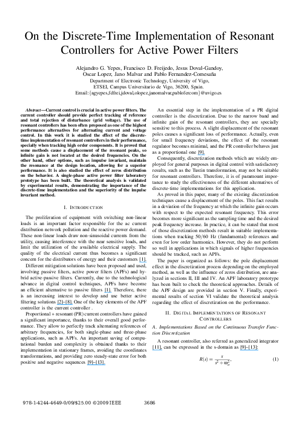 Pdf On The Discrete Time Implementation Of Resonant Controllers For Active Power Filters
