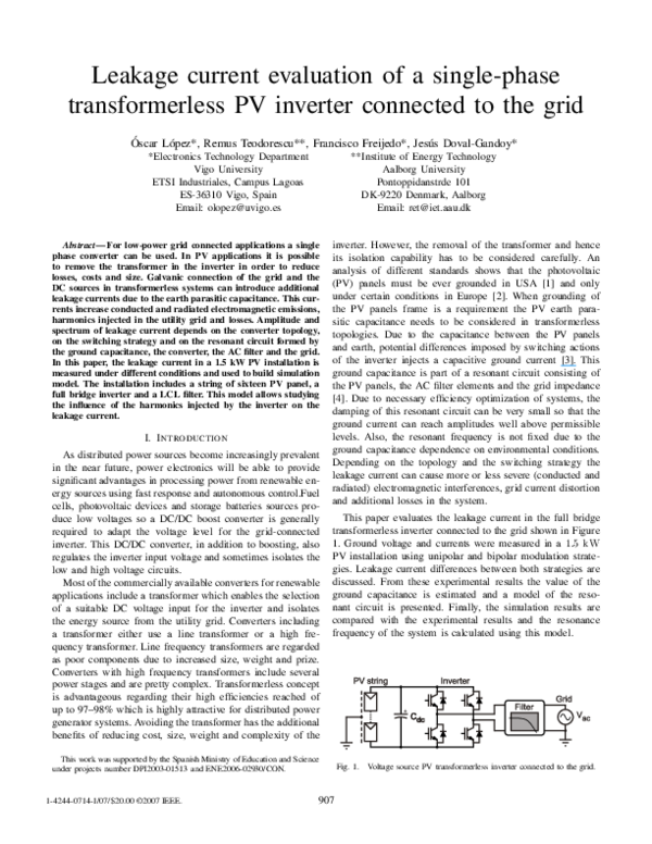 Pdf Leakage Current Evaluation Of A Single Phase Transformerless Pv Inverter Connected To The Grid