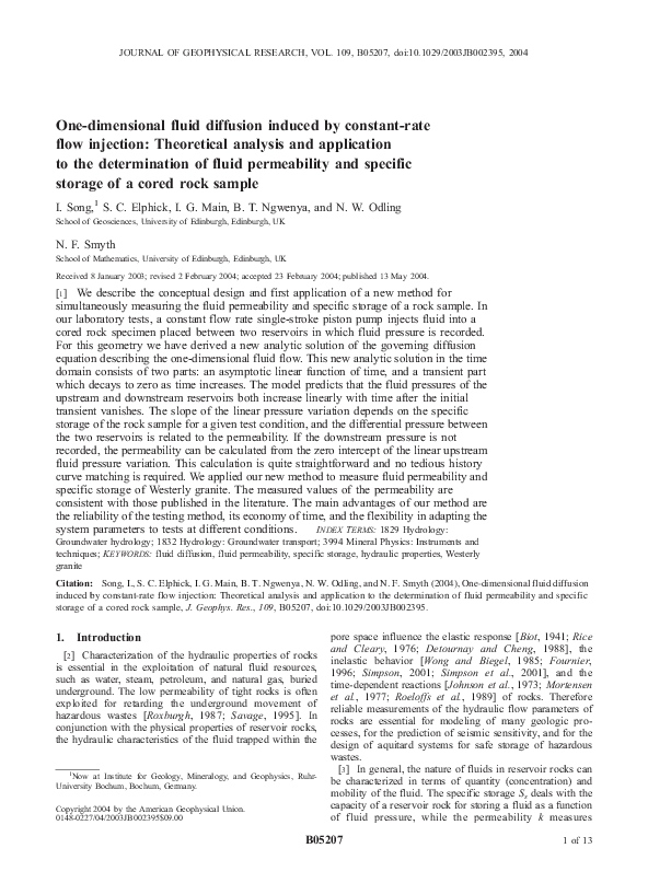Pdf One Dimensional Fluid Diffusion Induced By Constant Rate Flow Injection Theoretical