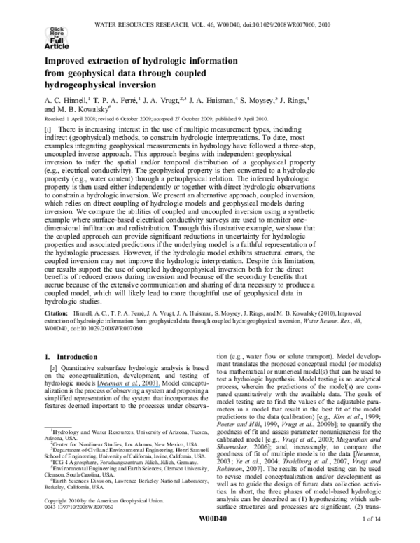 (PDF) Improved extraction of hydrologic information from geophysical ...